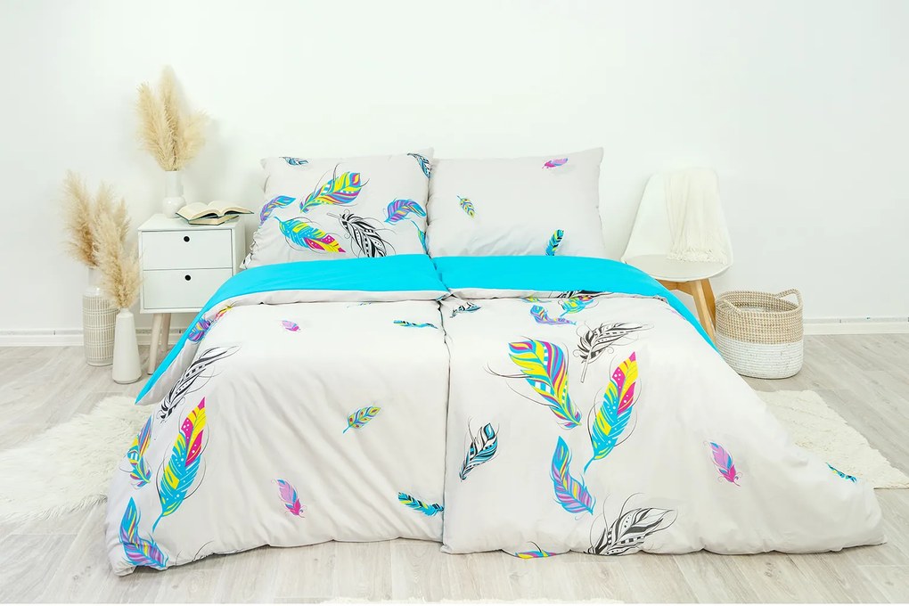 Stanex Ložní povlečení bavlněné peří tyrkysové (LS218) rozměr: 140 x 220 + 90 x 70, Zapínání: Knoflíkové