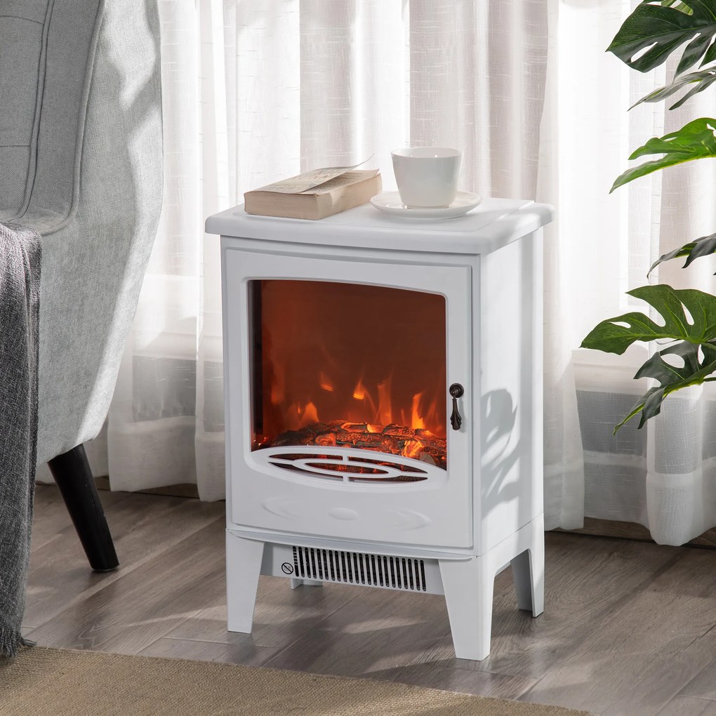 Elektrický krb HOMCOM LED s efektem plamene 900/1800 W z kovu a ABS plastu v bílé barvě 39 x 26 x 54,8 cm pro útulnou atmosféru |