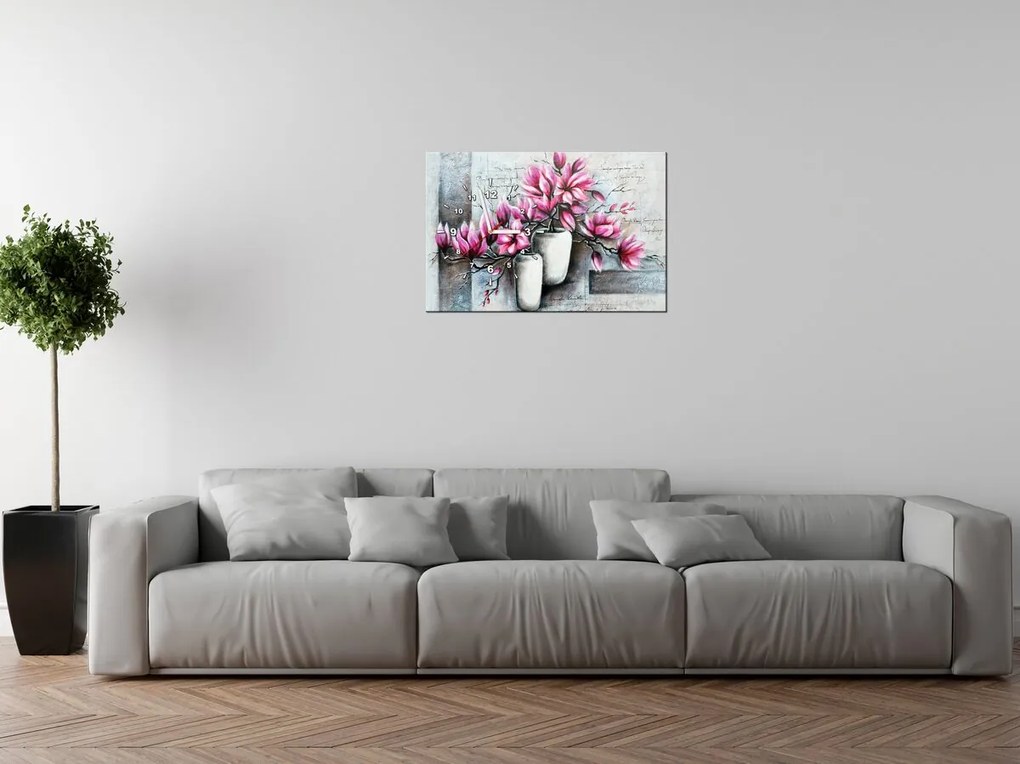 Gario Obraz s hodinami Růžové magnolie ve váze Rozměry: 30 x 30 cm