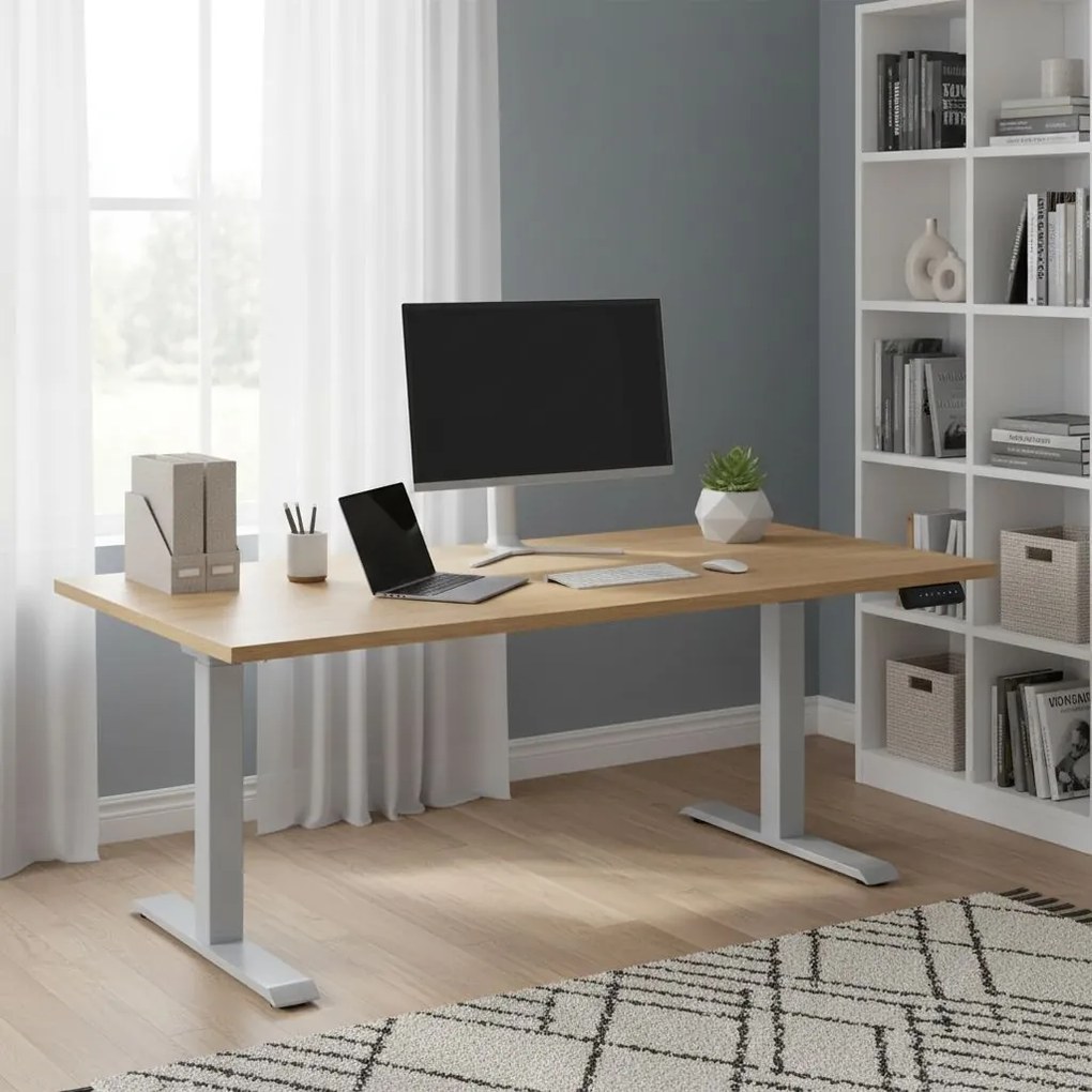 Výškově nastavitelný stůl OfficeTech D, 180 x 80 cm, šedá podnož, dub kamenný