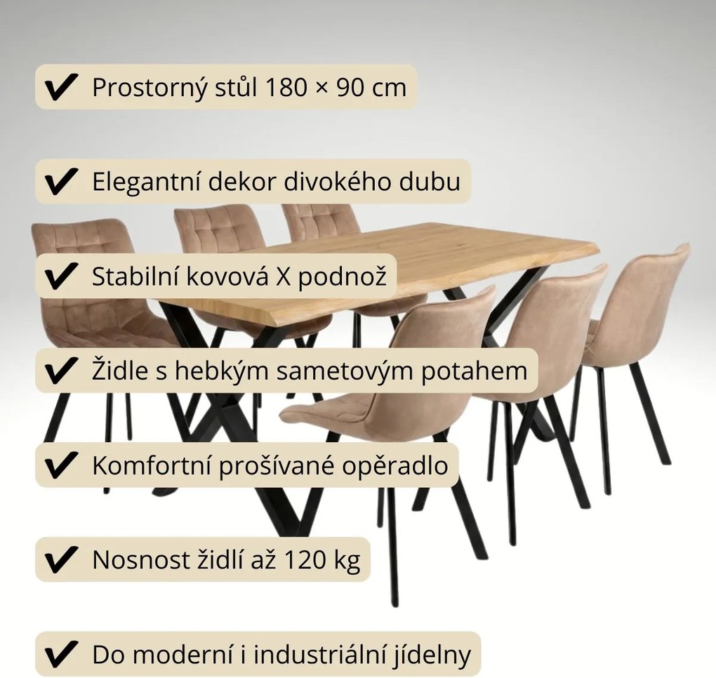 Vikio Jídelní set pro 6 osob 180x90 cm soft dub noha X béžová židle VJS238-6BE-S