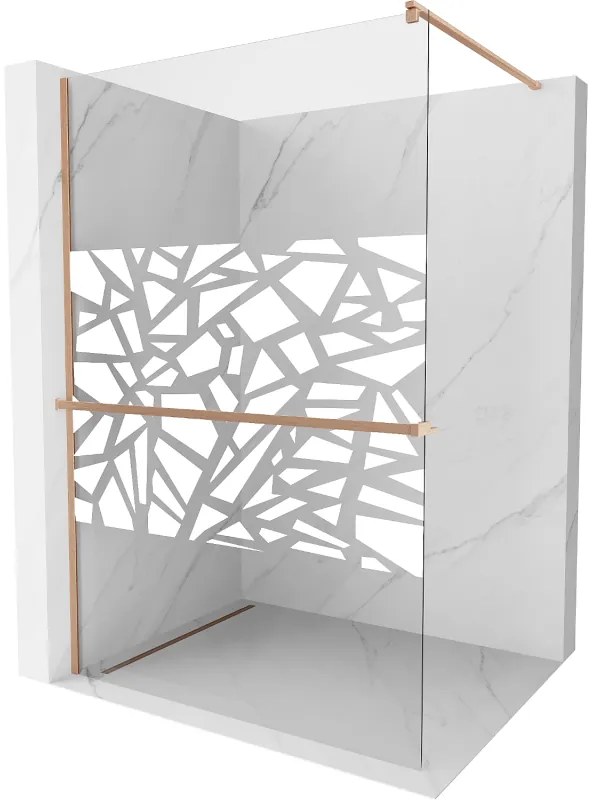 Mexen Kioto+, sprchová zástěna Walk-In s poličkou a věšákem 130 x 200 cm, 8mm čiré sklo bílý vzor, měděný matný profil, 800-130-121-65-85