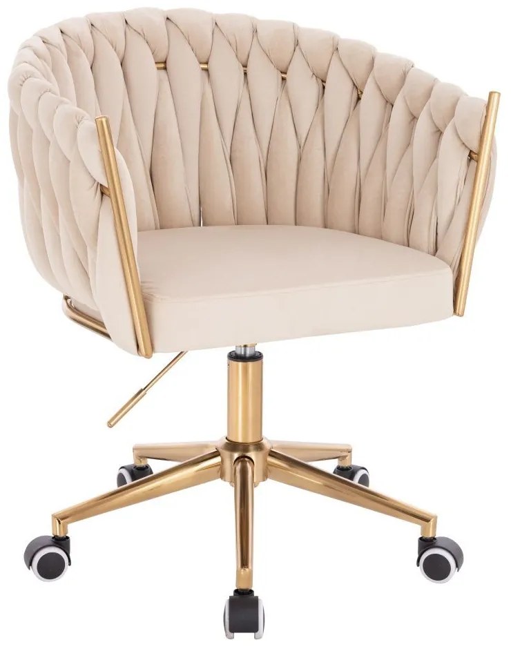 LuxuryForm DESIGN Otočná židle NORDEN VELUR na zlaté podstavě s kolečky - krémová