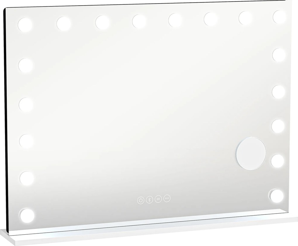 HOMCOM Hollywood make-up zrcadlo s 18 stmívatelnými LED lampami, 3 barvy, RGB světlo, Bluetooth reproduktor, 10x zvětšení, bílé