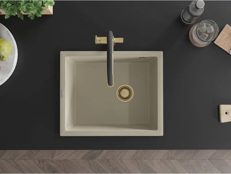 Mexen Pedro granitový dřez 1-komorový 560 x 460 mm, béžový, sifon zlatý - 6508561000-69-G