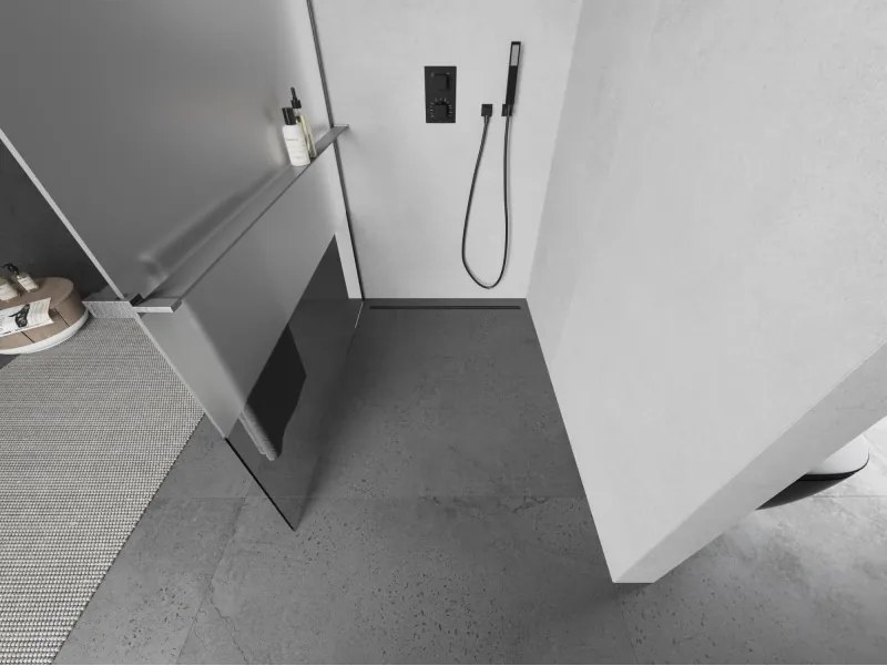 Mexen Kioto+ L, sprchová zástěna Walk-In s poličkou a věšákem 100 x 200 cm, 8mm čiré sklo-námraza, grafitový profil, 800-100-123-66-35
