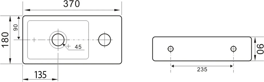 Sapho ZOE keramické umývátko 37x9x18 cm otvor pro baterii vpravo bílá AR495