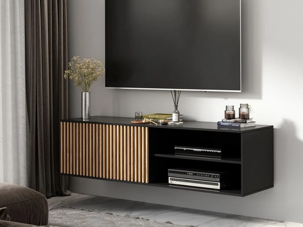 Závěsný TV stolek MEORATI 150x40 cm, černá/dub artisan