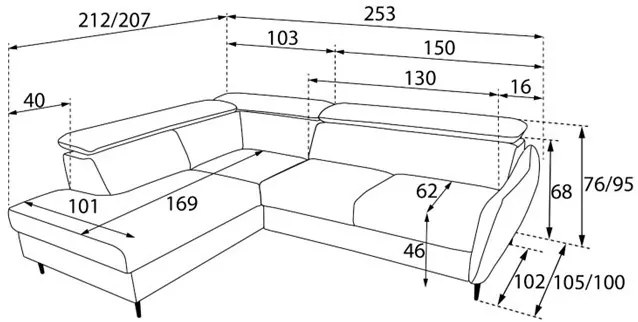 Rohová sedací souprava Othello, světle růžová látka, levý roh