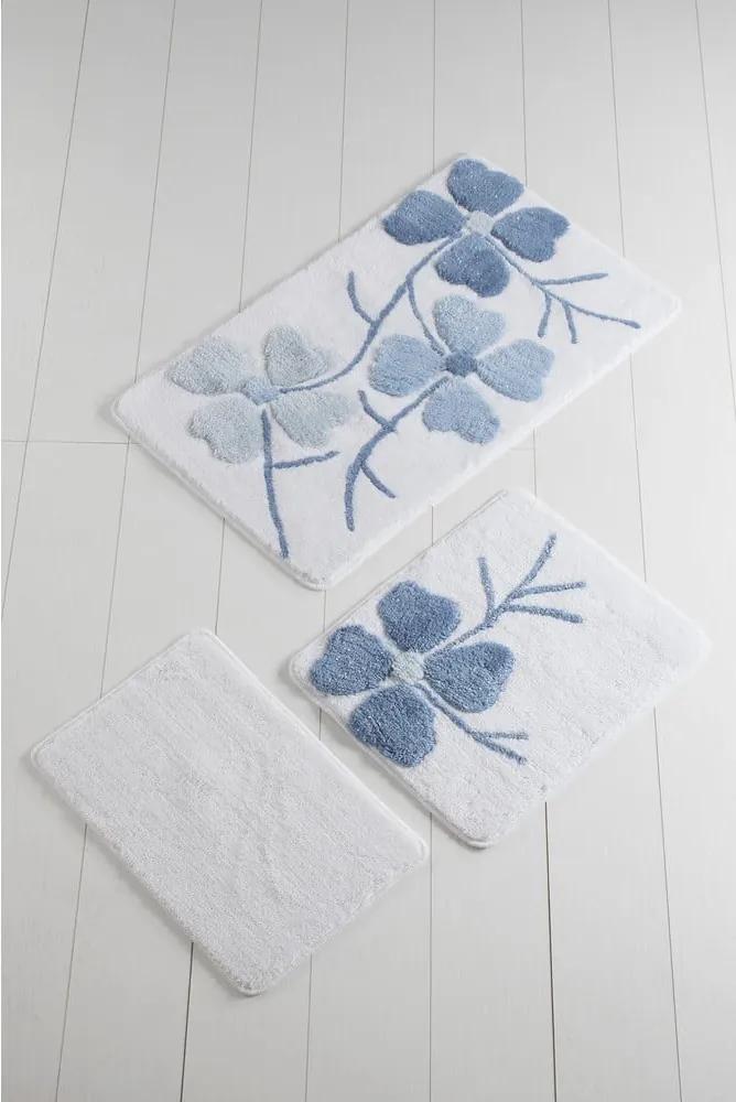Sada 3 modro-bílých předložek do koupelny Flowers