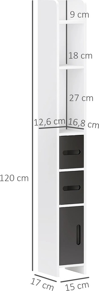 Kleankin koupelnová sloupcová skříň s 3 dvířky, 3 otevřenými policemi a proti-převrhovacím systémem, moderní styl, 15x17x120 cm, bílá a černá
