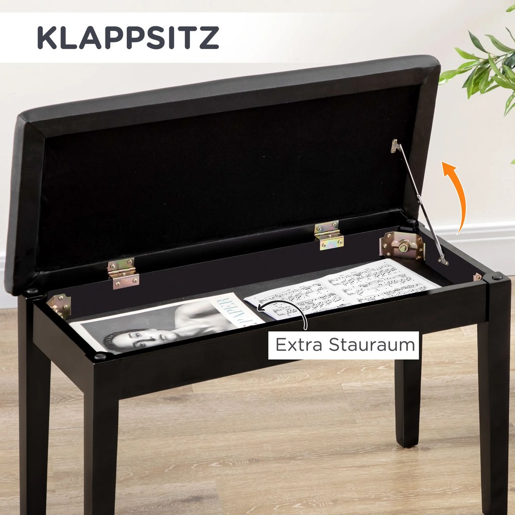 Výškově nastavitelná klavírní lavice HOMCOM s úložným prostorem, klavírní lavice s koženými polštáři v černé barvě, 75x35x49 cm, ideální pro hudebníky