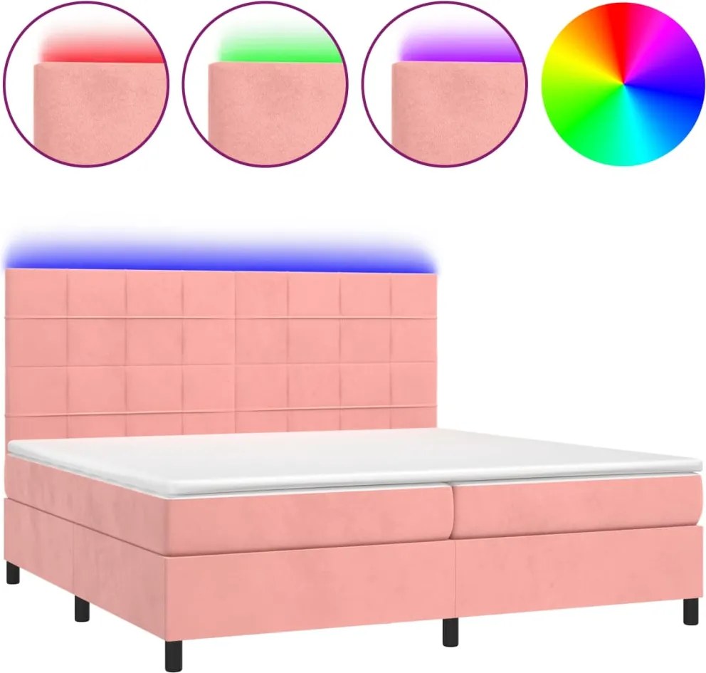 Box spring postel s matrací a LED růžová 200x200 cm samet 3136148