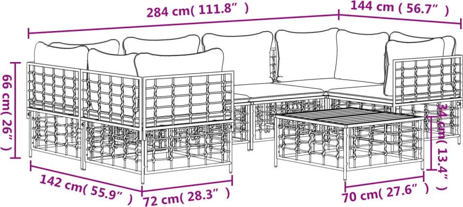vidaXL 7dílná zahradní sedací souprava s poduškami antracit polyratan [3186799] Barva polštáře: Tmavě šedá