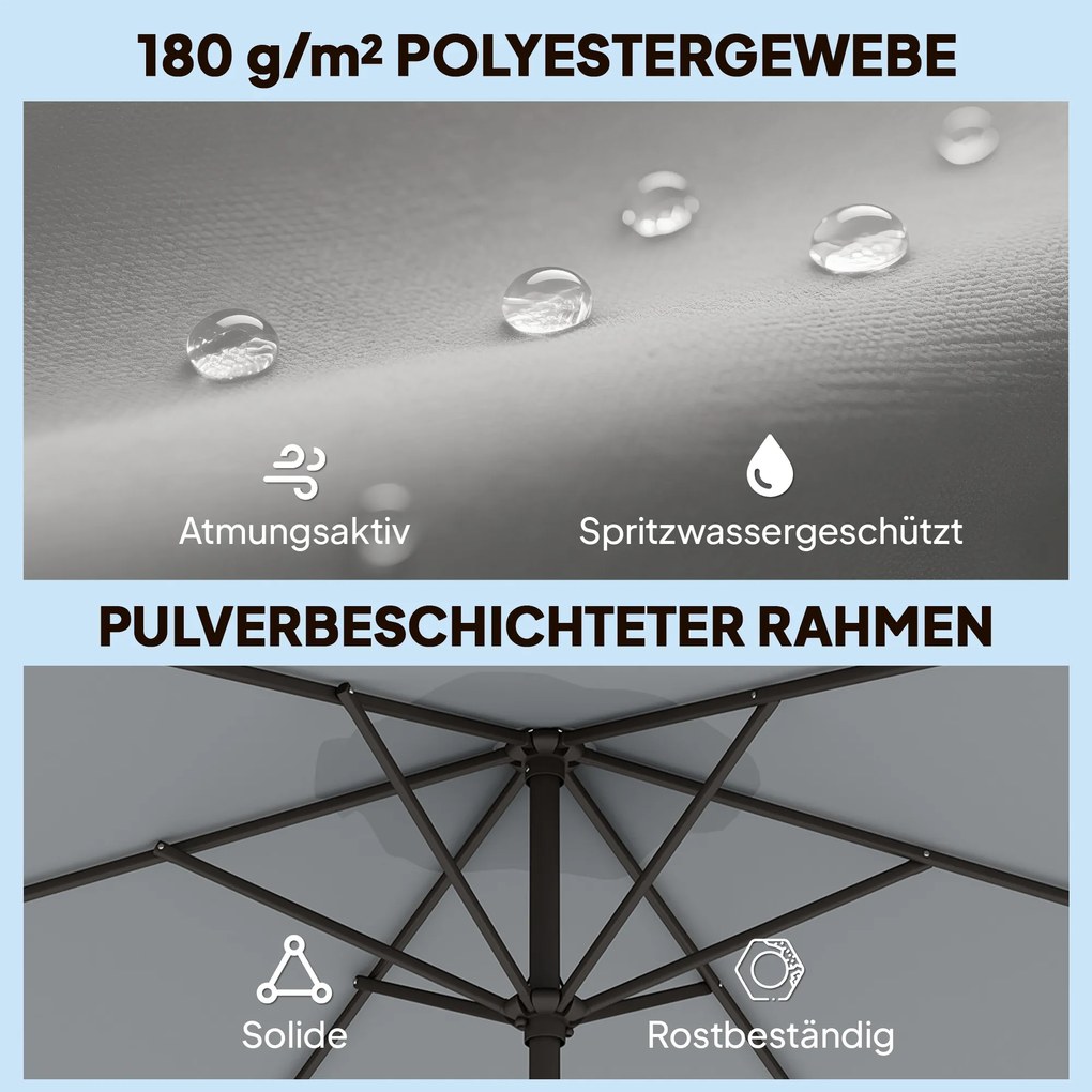 3 m slunečník s ochranným krytem, venkovní slunečník s funkcí naklápění a kličkou, otevírání proti větru, šedý