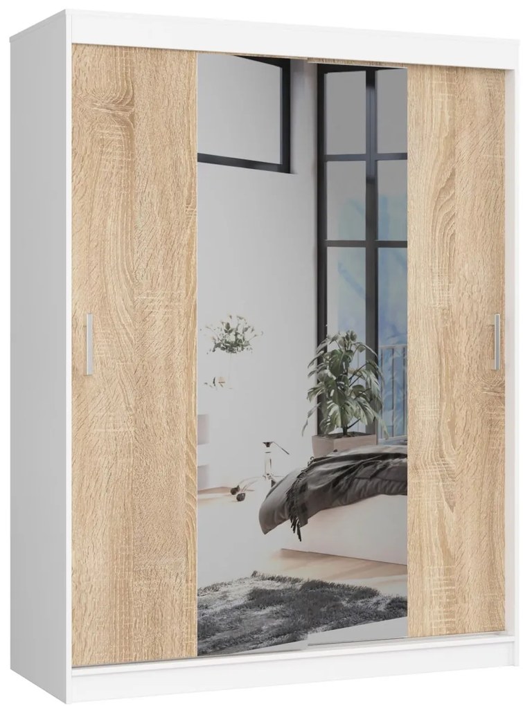 Šatní skříň se zrcadlem Reton 150 cm bílá/dub sonoma