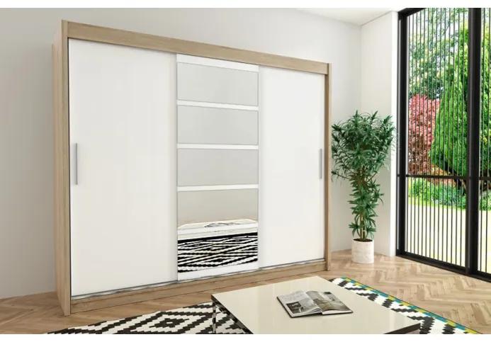 Velká šatní skříň s posuvnými dveřmi z toho jedny zrcadlové Lily 250 v barvě dub sonoma-bílá