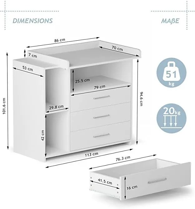 INFANTASTIC Přebalovací pult, 113 x 53 x 101 cm, bílá