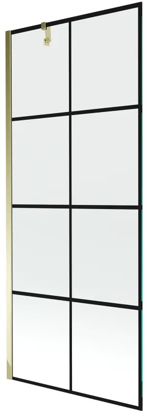 Mexen Next, vanová zástěna 1-křídlová 80 x 150 cm, fixní křídlo, 6 mm čiré sklo s černým vzorem, zlatý profil, 895-080-000-00-77-50