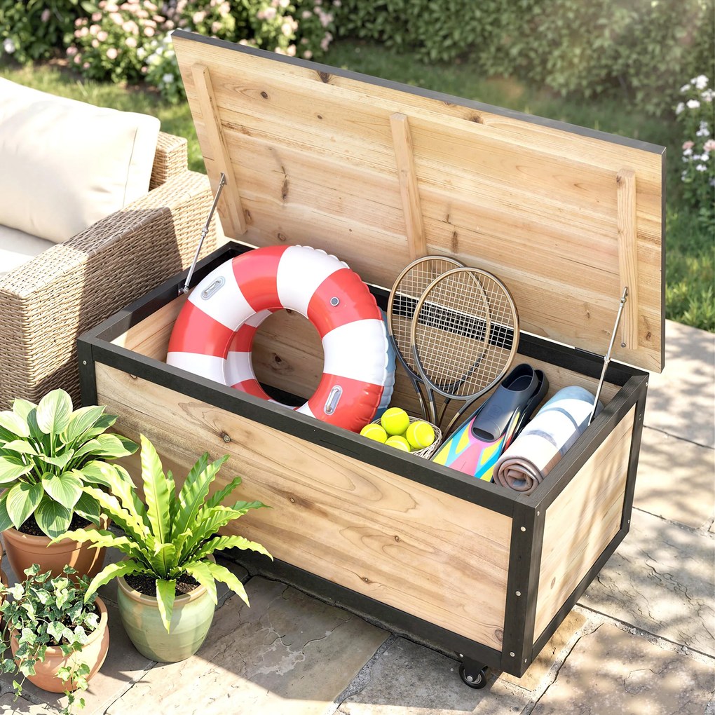 Outsunny zahradní box dřevěný úložný box 121L úložný box na kolečkách, úložný box odolný proti povětrnostním vlivům na balkon, terasu, do přírody