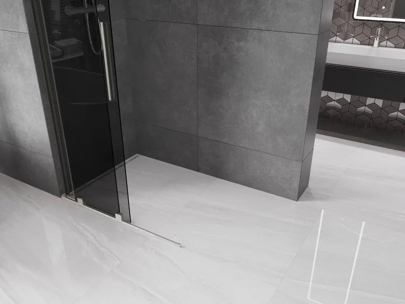Mexen Velar L, posuvná sprchová zástěna Walk-in 90 x 200 cm, 8mm šedé sklo, broušená ocel, 871-090-003-43-97