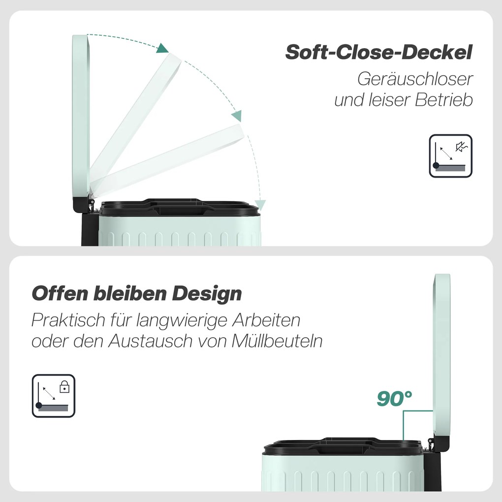 Küchenmülleimer, 2 x 20 L-Fächer, effiziente Mülltrennung, Fußpedal, Kunststoff, Metall, Grün