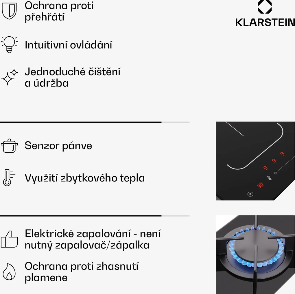 Klarstein MultiChef 5 Wok, indukční a plynová varná deska, 5 varných zón, 3 plynové hořáky, 2 indukční varné desky, FlexZone