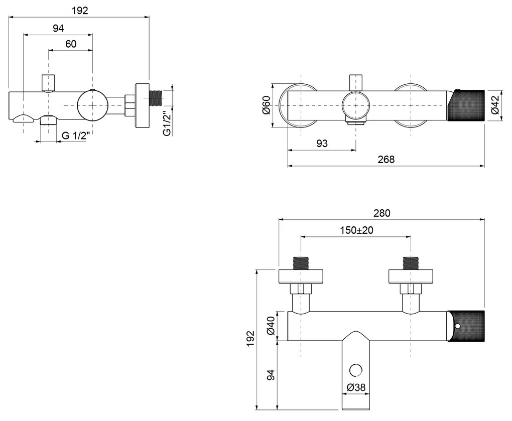 Sapho Ultratap vanová baterie nástěnná 150 mm černá UT010TB
