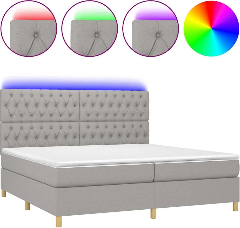 Box spring postel s matrací a LED světle šedá 200x200 cm textil 3135701