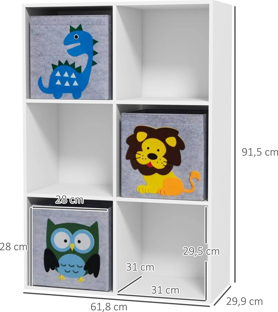 Dětská police na hračky ZONEKIZ pro děti od 3 let se 6 úložnými prostory a 3 košíky z netkané látky s motivem zvířat 61,8x29,9x91,5 cm bílá a šedá