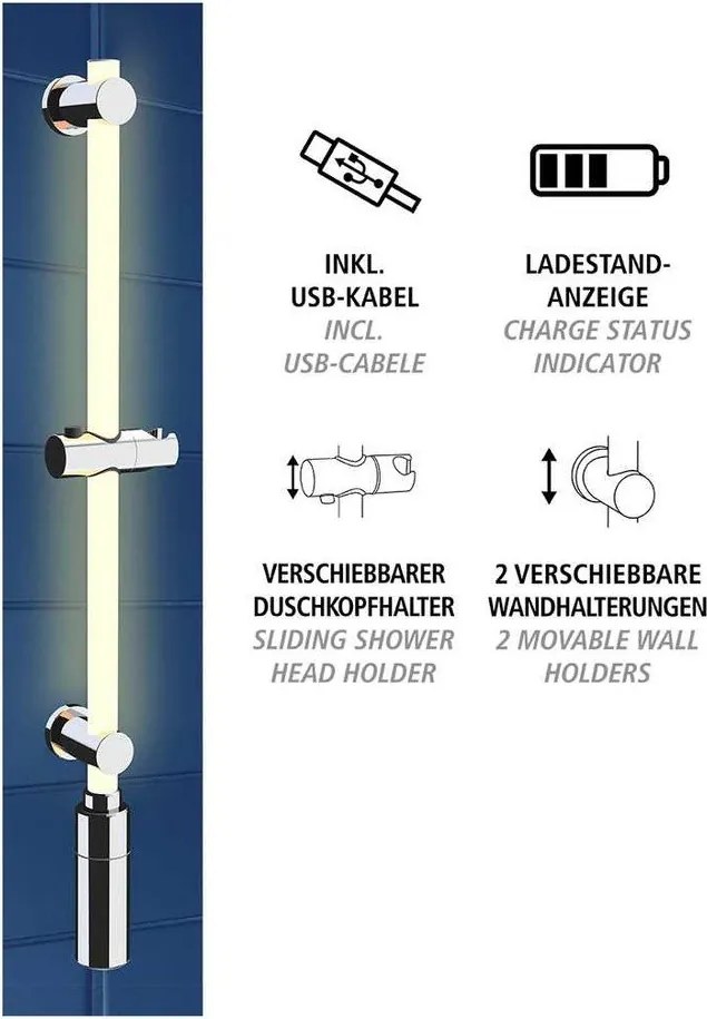 Nástěnná sprchová tyč ve stříbrné barvě 74 cm LED – Wenko