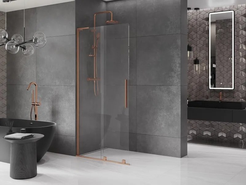 Mexen Velar L, posuvná sprchová zástěna Walk-in 110 x 200 cm, 8mm čiré sklo, měděná matná, 871-110-003-03-65