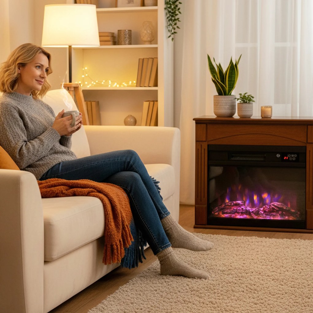 HOMCOM elektrický krb 1000W/2000W, dekorativní krb s 3D plamenovým efektem ve 6 barvách a 3 úrovních jasu, 68,5 x 27,5 x 63 cm, hnědá