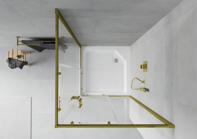 Mexen Rio, čtvercový sprchový kout s posuvnými dveřmi 90 (dveře) x 90 (dveře) x 190 cm, 5mm čiré sklo, zlatý profil + bílá sprchová vanička RIO, 860-090-090-50-00-4510