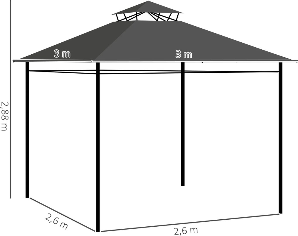 Zahradní altán Outsunny 3 x 3 m s boční stěnou a dvojitou střechou Kovový stan odolný proti povětrnostním vlivům v tmavě šedé barvě pro zahradní párt…
