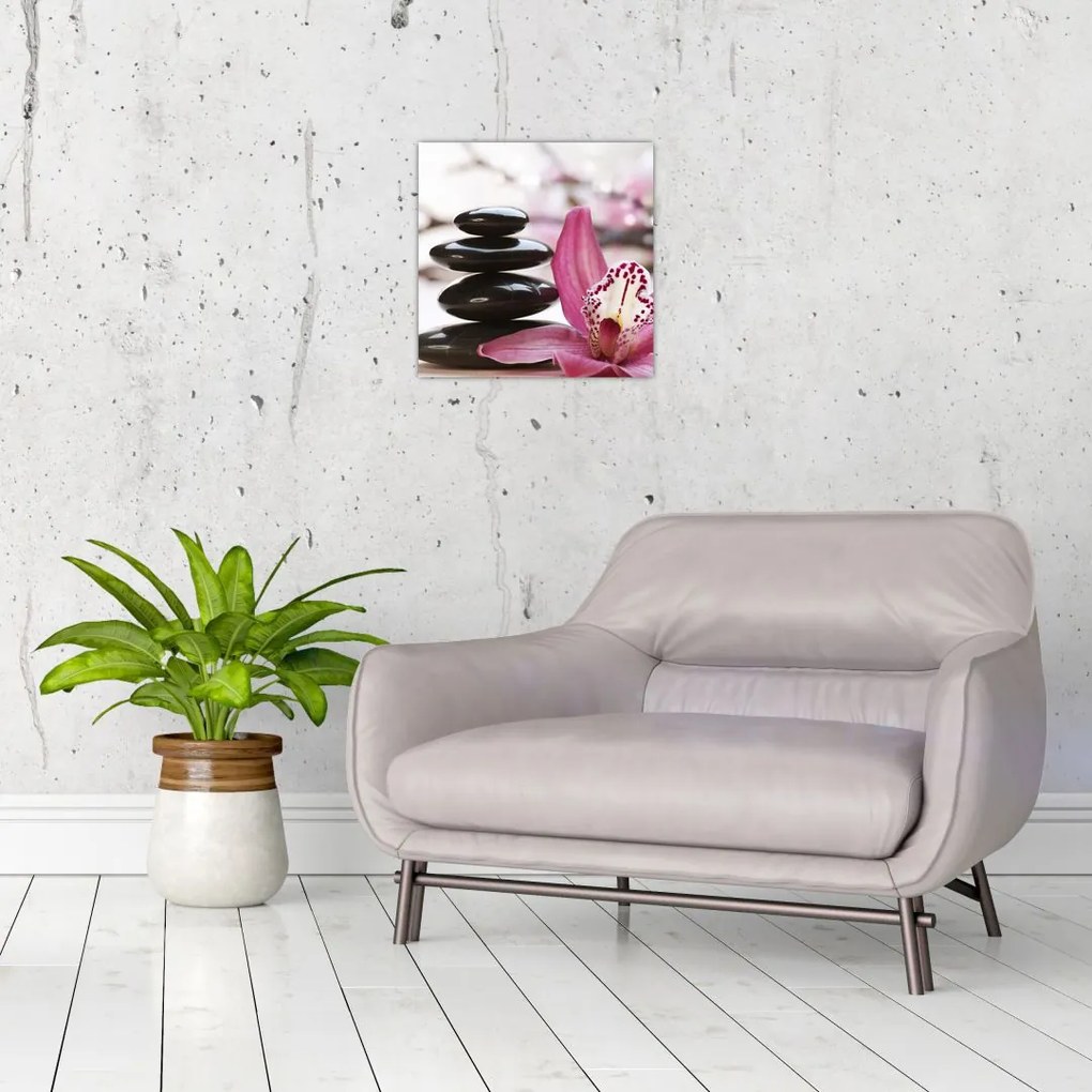 Obraz masážních kamenů a orchidee (30x30 cm)