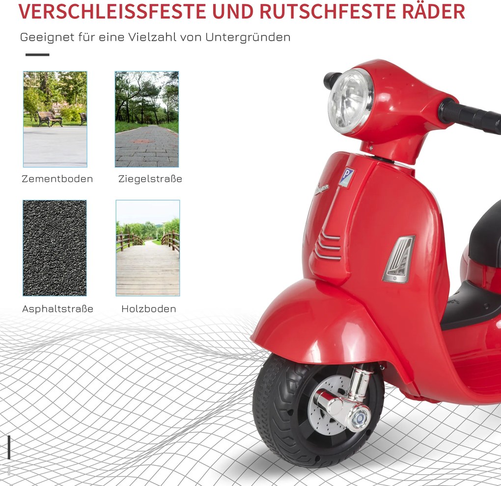 HOMCOM VESPA elektrická motorka dětská motorka elektrické vozidlo 18-36 měsíců 3 km/h LED světlo zvuk PP plast kov červená 66,5 x 38 x 52 cm | Aosom