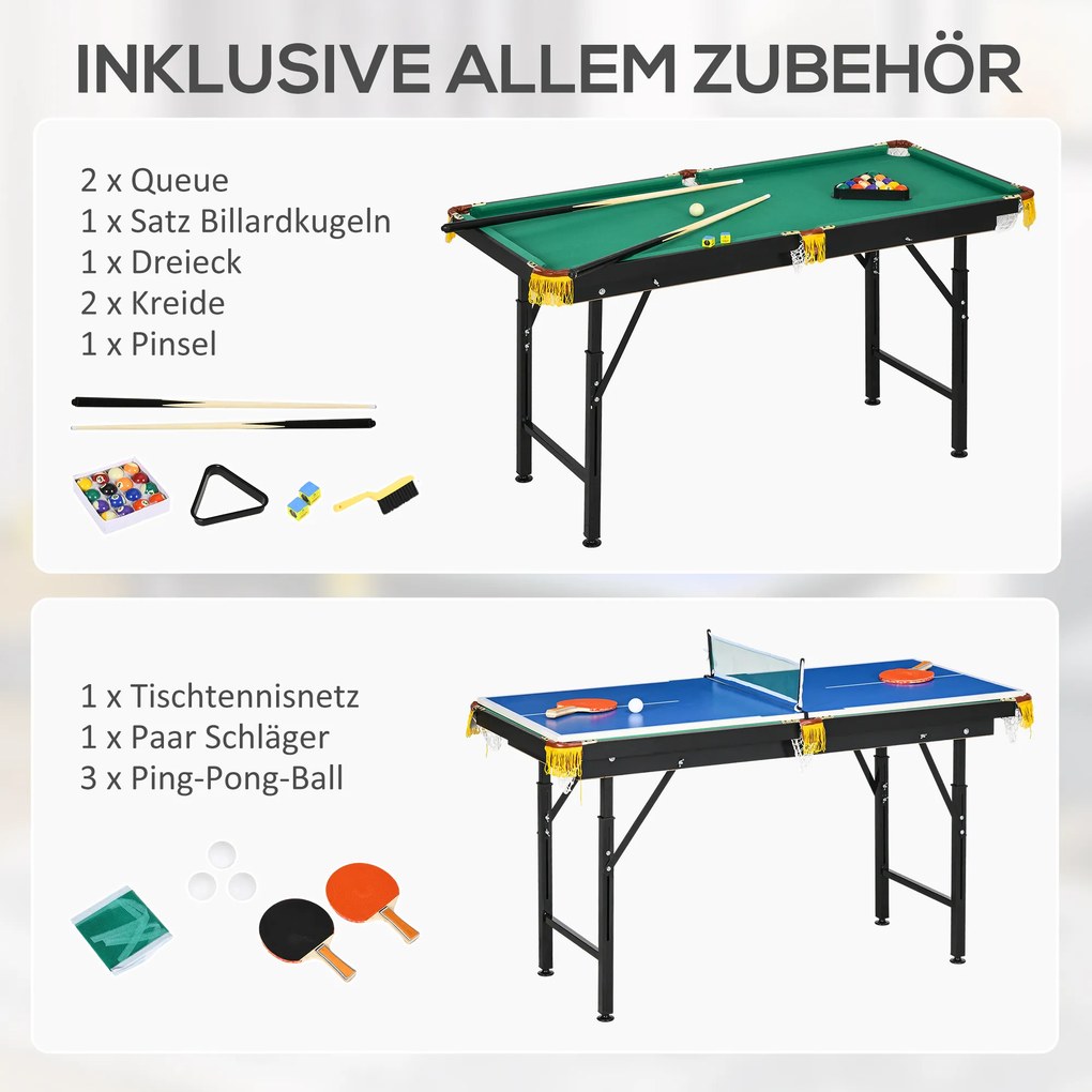 SPORTNOW multigame herní stůl 2v1 multifunkční stůl na stolní tenis a kulečník pro děti a dospělé, ocel 140x63x60-80cm, zelený | Aosom.de