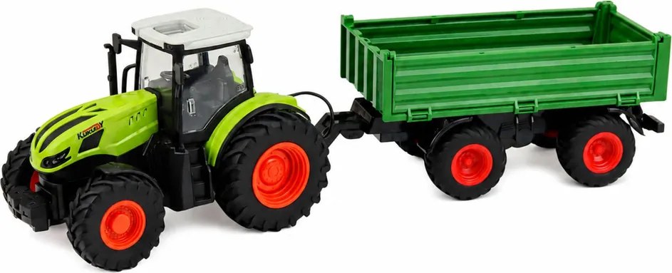 LEAN Toys Zemědělský traktor s vyklápěcím přívěsem, dálkově ovládaný RC, zelený, měřítko 1:24