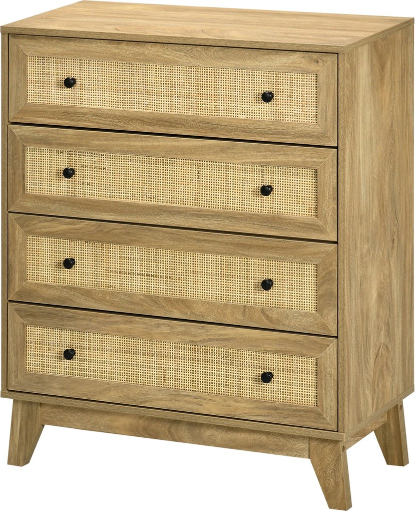 HOMCOM Úzká komoda se 4 zásuvkami a rattanovými předními deskami - 80x35x95 cm | Aosom