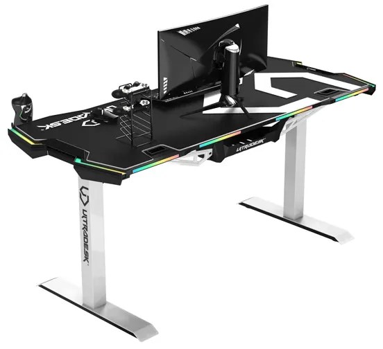 Herní stůl ULTRADESK FORCE SNOW – černá/bílá 166x70 cm, RBG podsvícení