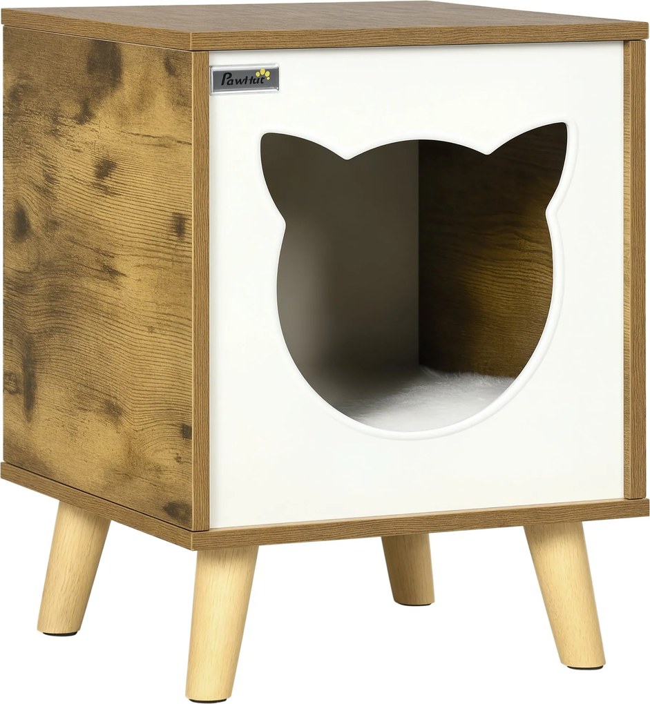 Pawhut dřevěný kočičí dům - vnitřní kočičí jeskyně s pratelným polštářem a zvýšenými nohami 34x34x44,5 cm hnědá | Aosom