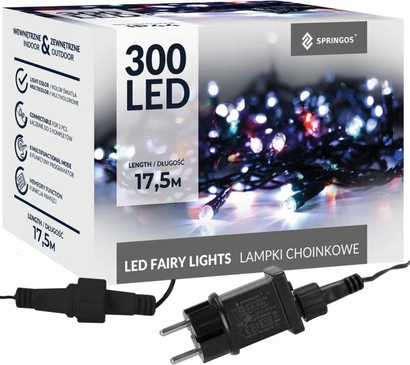 LED světelný řetěz - 17,5m, 300LED, 8 funkcí, IP44, multicolor