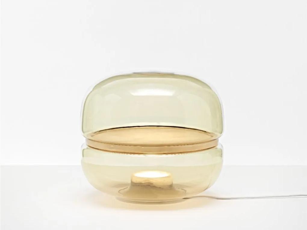 Brokis Macaron, skleněná stolní/stojací lampa, Ø 300 mm Barva skla: Amber - transparentní sklo, Základna: Dub evropský - bíle mořený, Disk: Onyx bílý