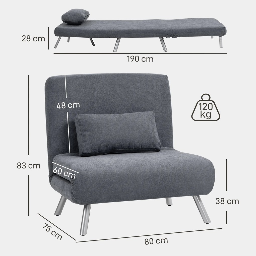 HOMCOM Čalouněné křeslo s funkcí postele, 3v1 design, sedací a spací křeslo, přistýlka pro hosty, látkový potah, s polštářem, tmavě šedá