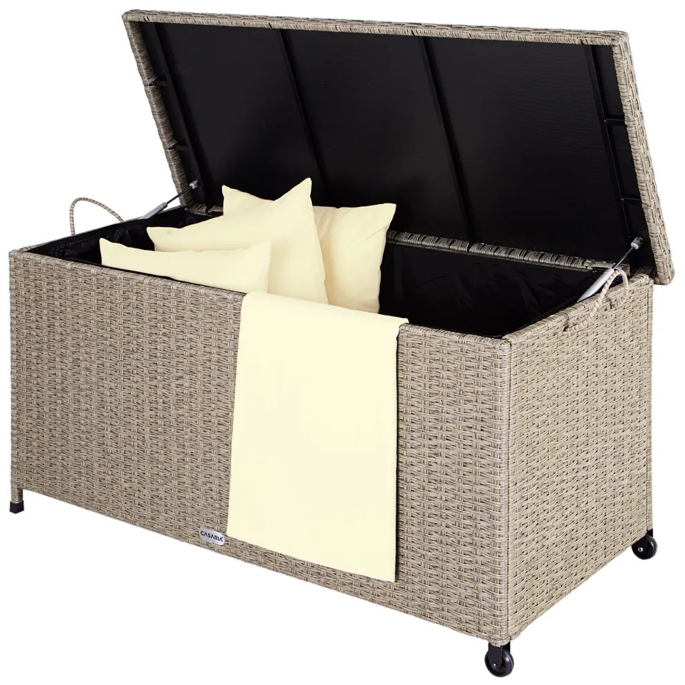 Zahradní úložný box, polyratan, kolečka, 117 x 53 x 60 cm, krémový 106707