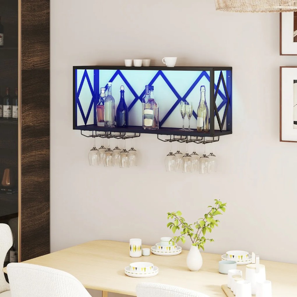Costway Nástěnný stojan na víno s LED osvětlením a 6 řadami držáků na sklenice