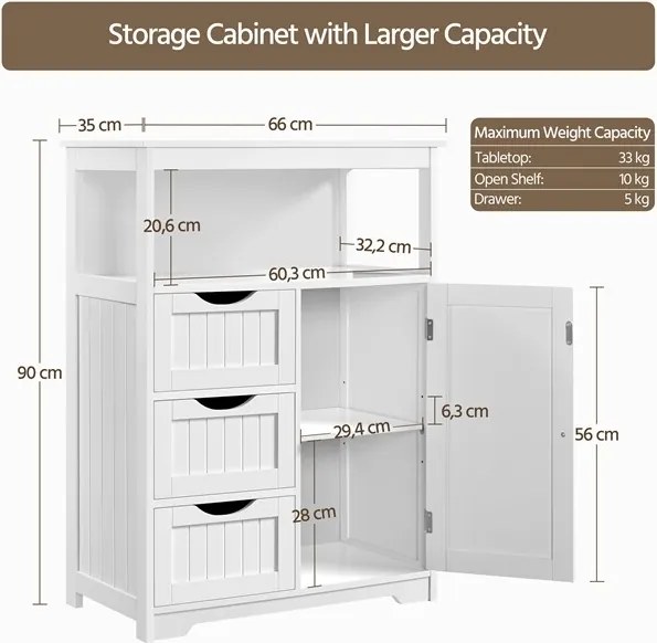 Koupelnová skříňka – bílá, 66 cm (délka) × 35 cm (šířka) × 90 cm (výška) (267062598167)