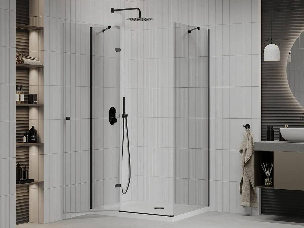 Mexen Roma, sprchový kout s 1-křídlými dveřmi 100 (dveře) x 90 (stěna) cm, 6mm čiré sklo, černý profil, slim sprchová vanička 5cm bílá s černým sifonem, 854-100-090-70-00-4010B