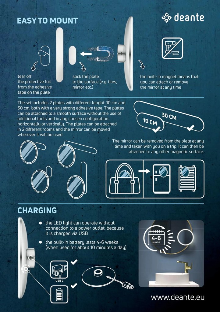 Deante Round příslušenství, kosmetické LED zrcátko 220x220 mm, zvětšení (3x), ADR_0821